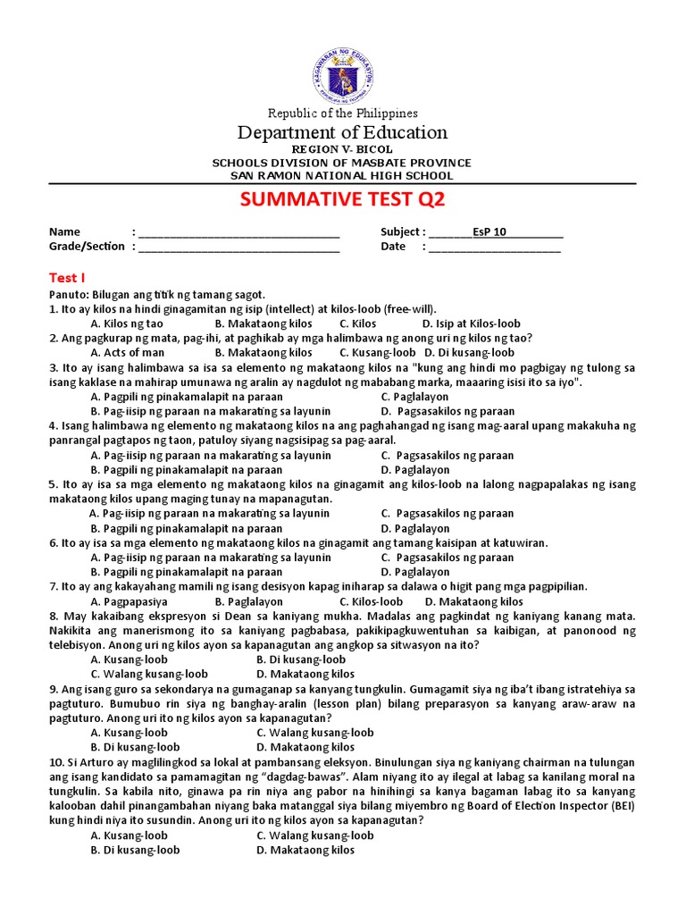 Summative Test Esp 10 Quarter 2 | PDF