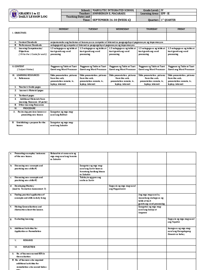 DLL - Epp 4 - Q1 - W6 | PDF | Education Theory | Teaching