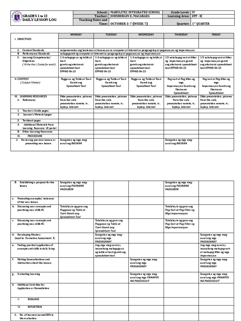 DLL - Epp 4 - Q1 - W7 | PDF | Spreadsheet | Education Theory