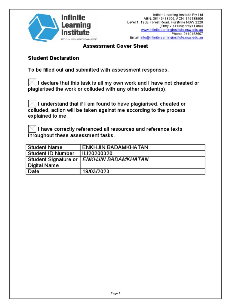Assessment Cover Sheet V1.0 | PDF