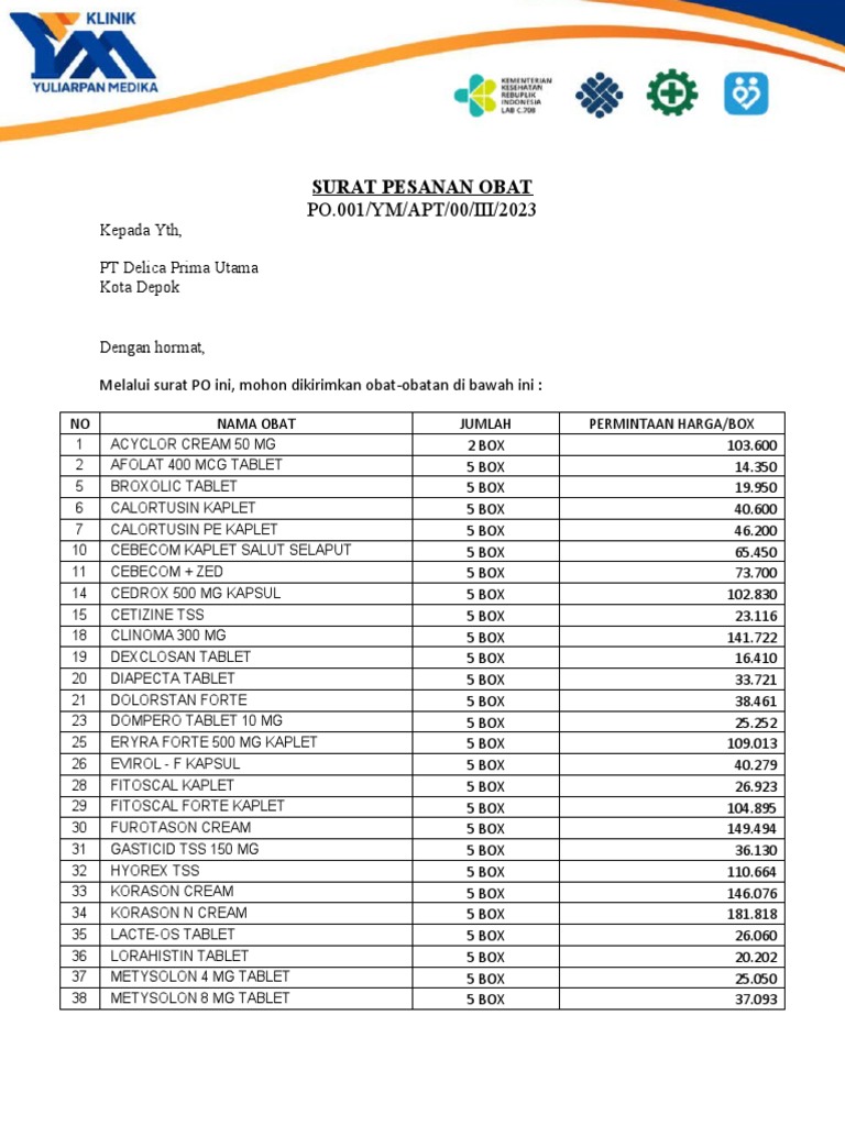 Surat Pesanan Obat Apotek Ym 123 | PDF | Medical Specialties | Medicine