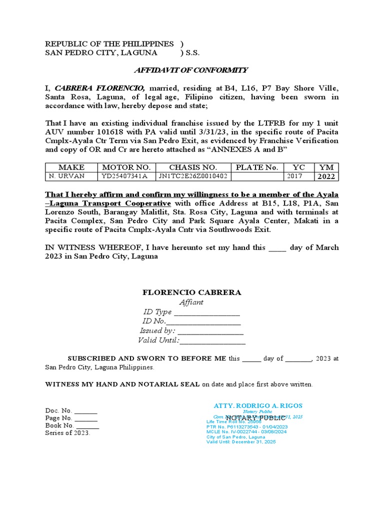 Affidavit of Conformity | Download Free PDF | Affidavit | Makati
