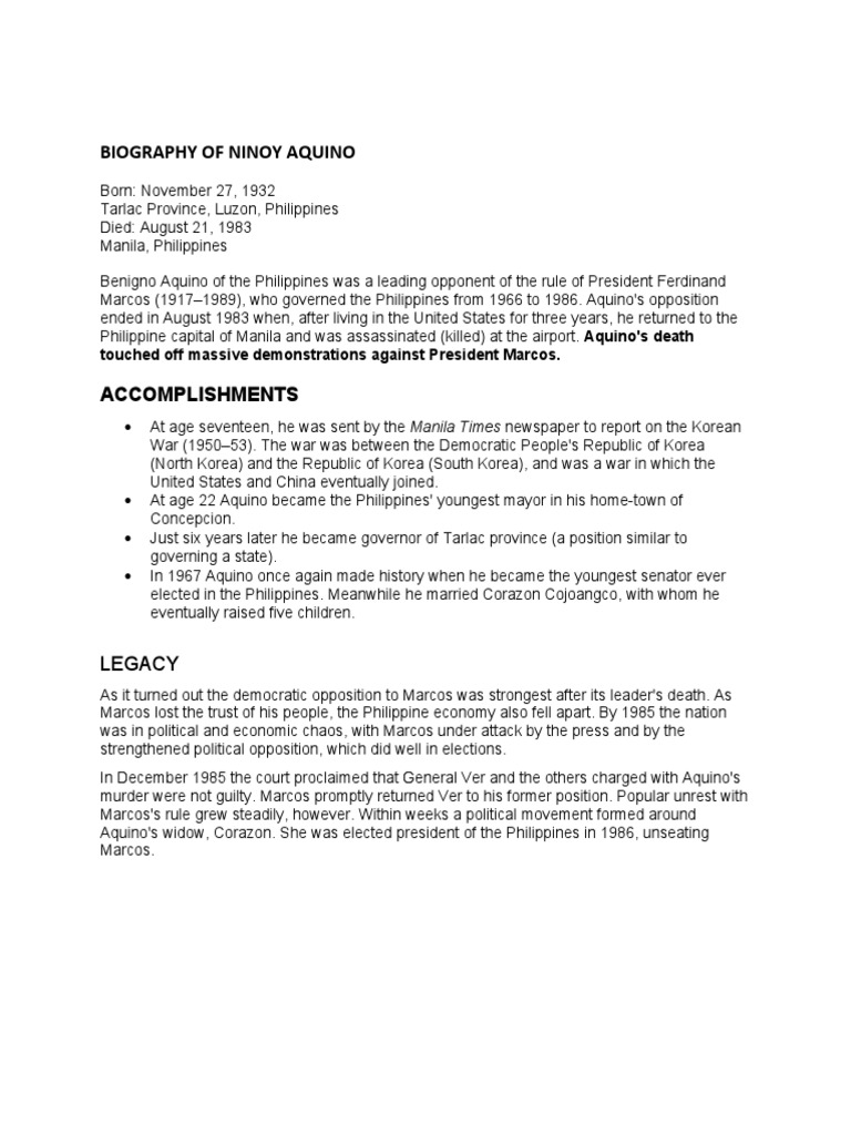 BIOGRAPHY | Download Free PDF | Corazon Aquino | Philippines