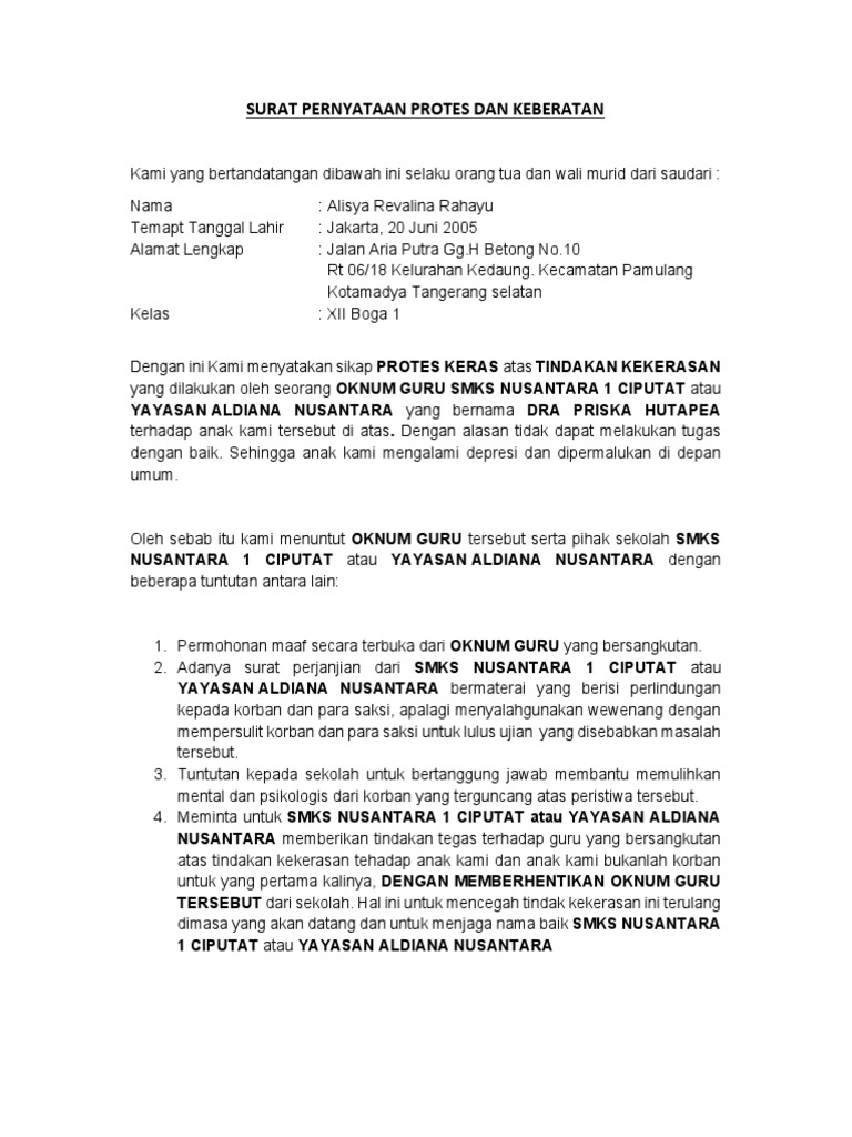 Surat Pernyataan Protes Dan Keberatan Alisya | PDF