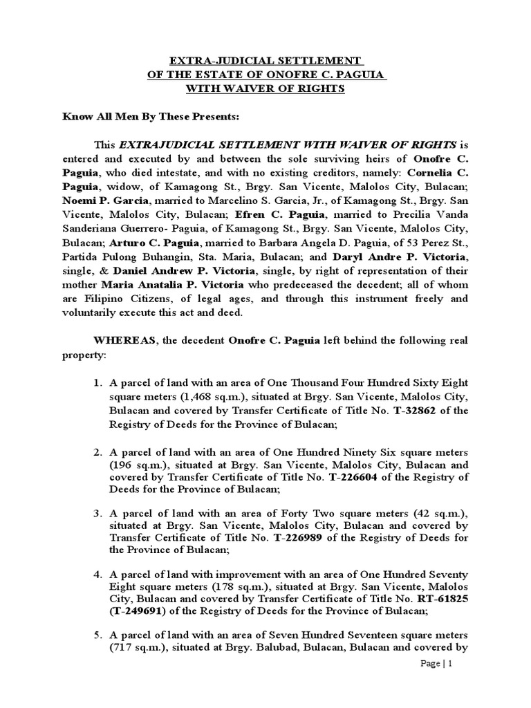 EXTRAJUDICIAL SETTLEMENT W. WAIVER OF RIGHTS Onofre Paguia | PDF ...