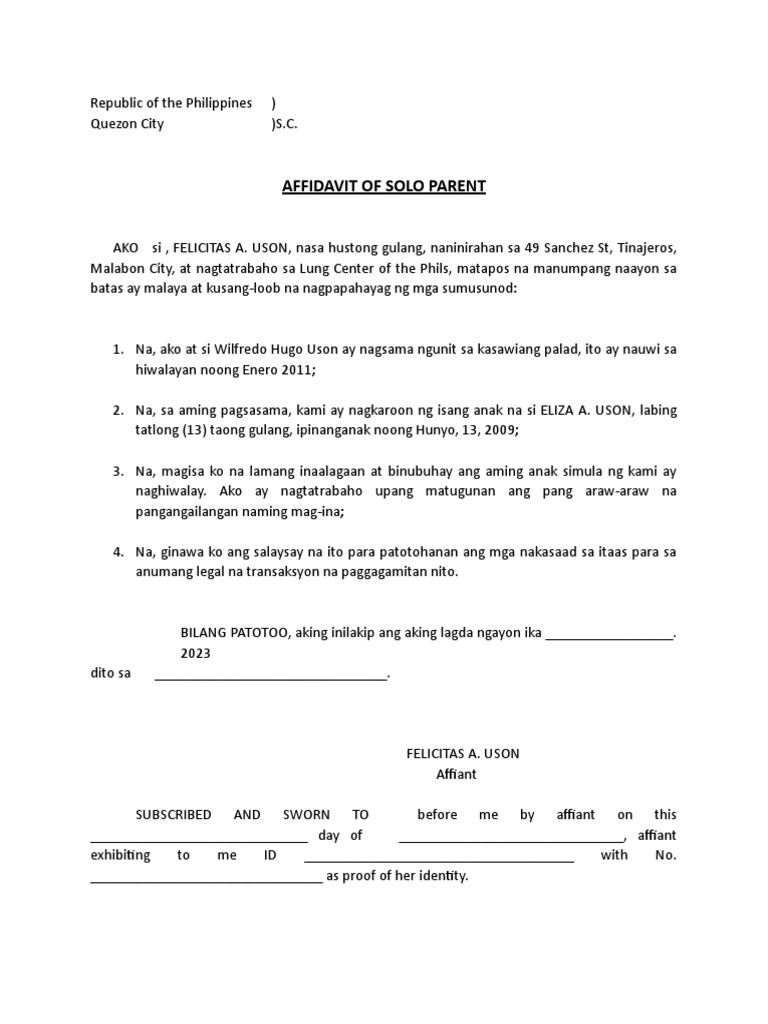 Solo Parent Affidavit | PDF