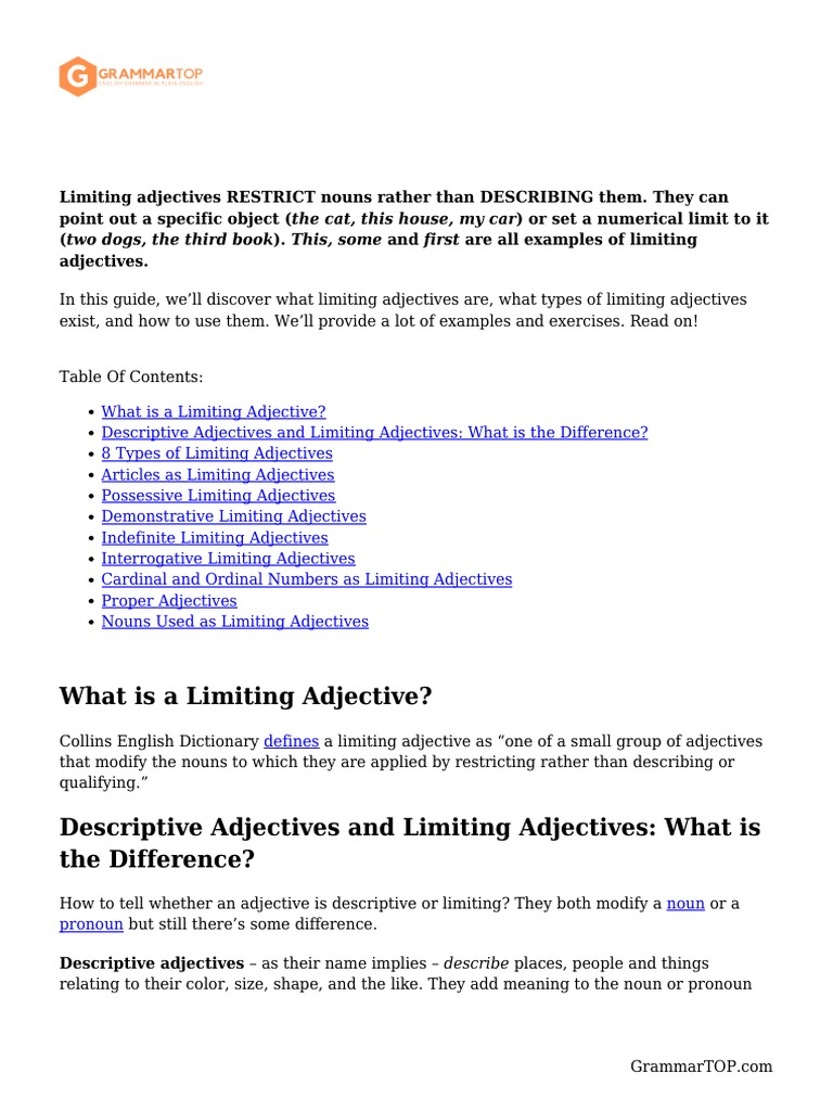 Limiting Adjectives - The Complete Guide PDF | PDF | Adjective | Noun