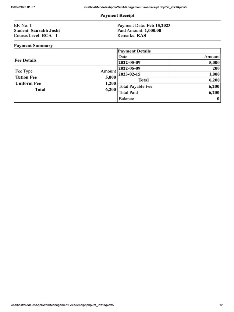 Localhost ModelesAppliWeb ManagementFees Receipt - PHP Ef Id 1&pid 5 ...
