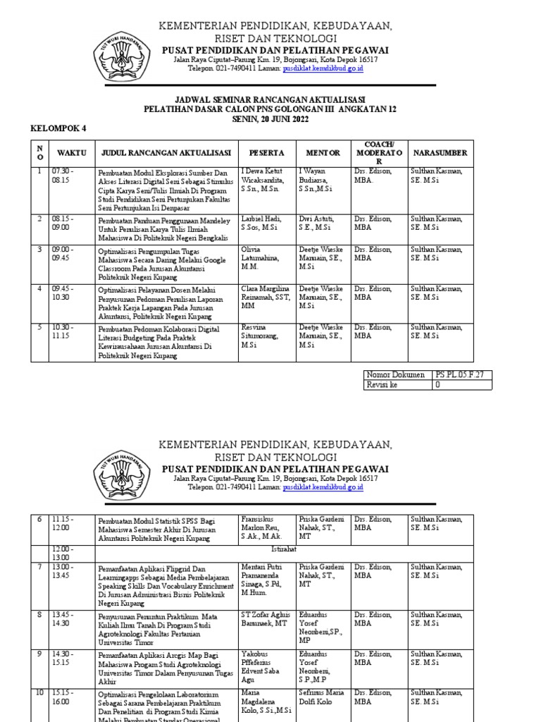 Draf Jadwal Seminar Rancangan Aktualiasi Kelompok 4-1 | PDF