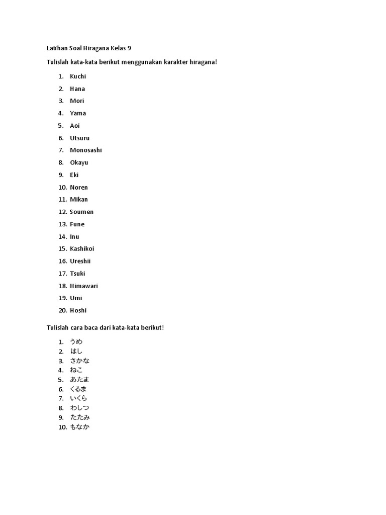 Latihan Soal Hiragana Kelas 9(1).docx | PDF