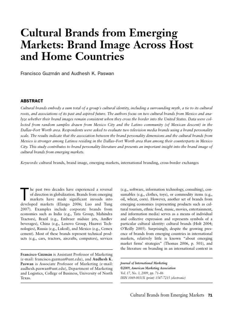 Cultural Brands From Emerging Markets: Brand Image Across Host and Home ...