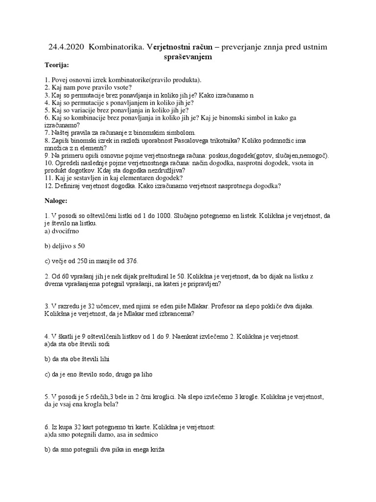 VG4,1-24. 4. Preverjanje Znanja - Verjetnostni Račun | PDF