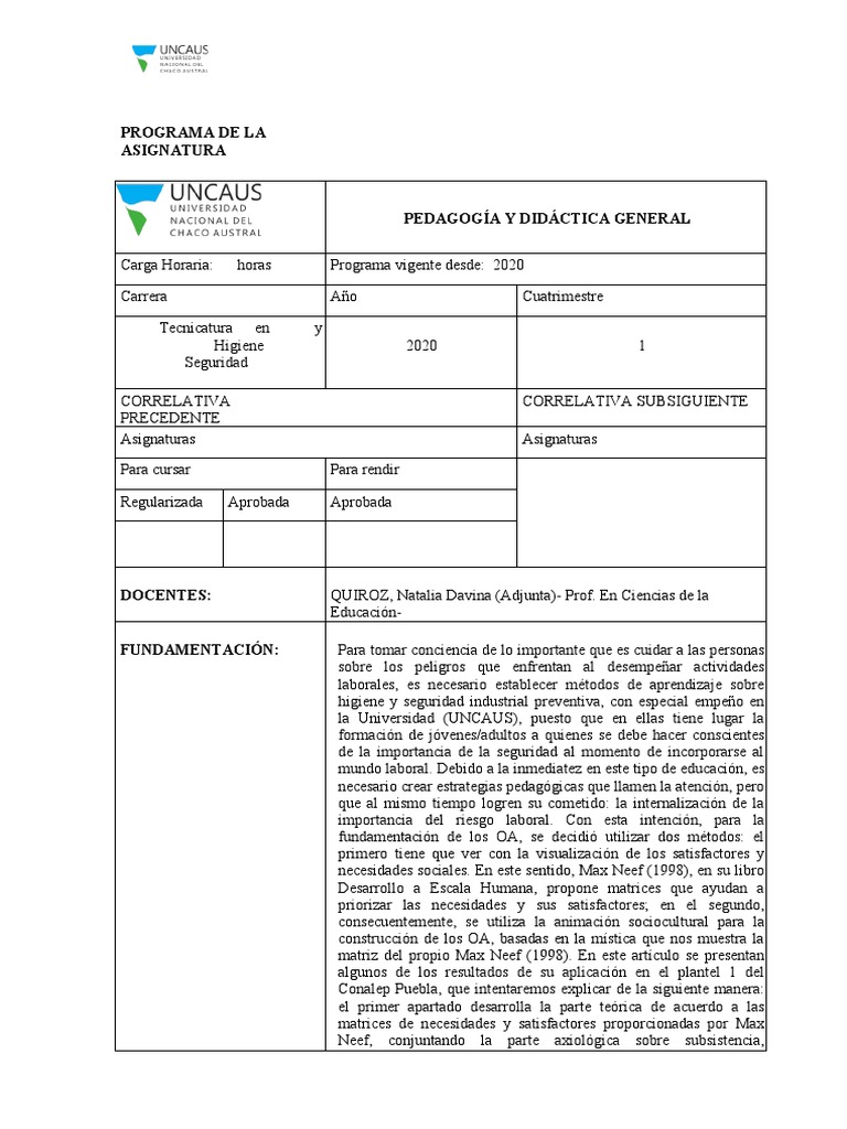 Pedagogía y Didáctica General - TEC. HIGIENE Y SEGURIDAD - PROGRAMA ...