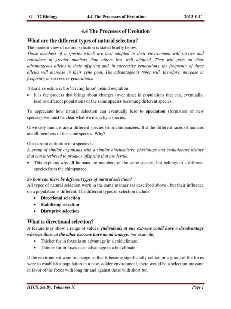 G-12 Biology, 4.4 The Processes of Evolution | Download Free PDF | Natural Selection | Evolution
