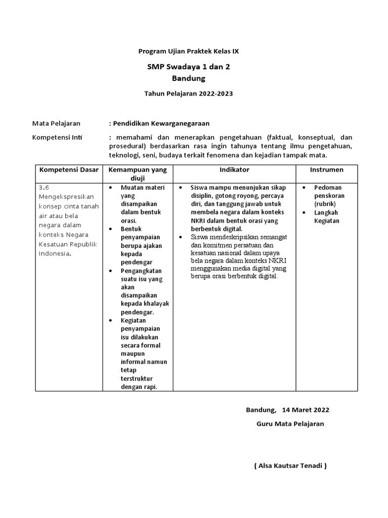 Program Ujian Praktek PKN Kls 9 | PDF