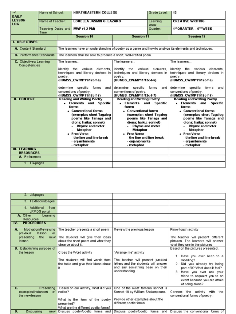 Creative Writing - Lesson 6 | PDF | Poetry | Metre (Poetry)