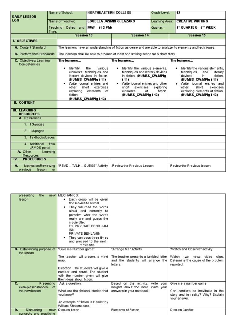 Creative Writing Lesson Plan for Grade 12 | PDF | Narration | Learning