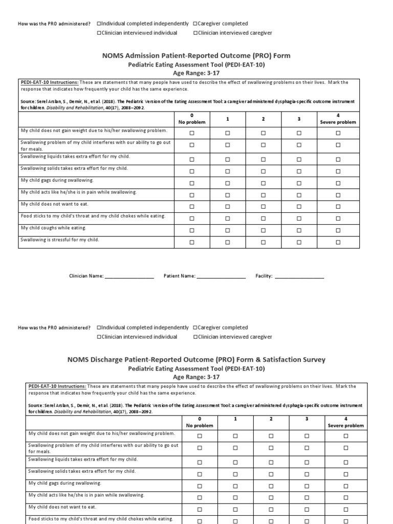 Pediatric Swallowing Noms Admission Discharge Patient Reported Outcome ...