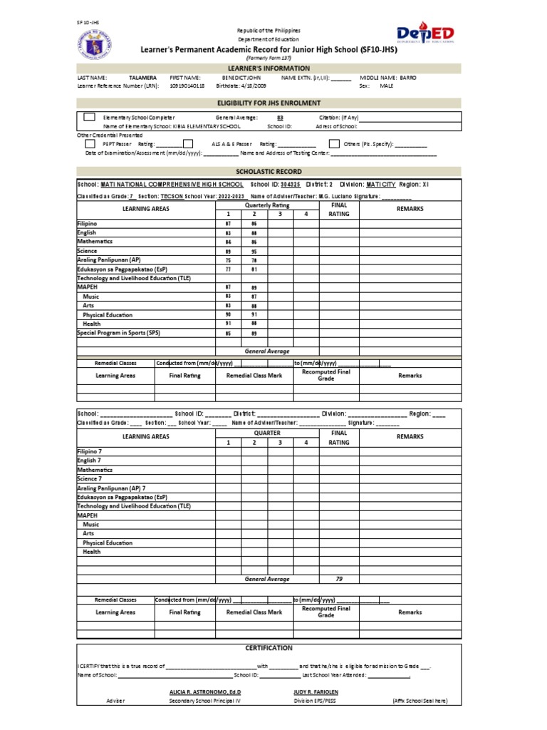 TALAMERA B. School Form 10 SF10 | PDF | Middle Schools