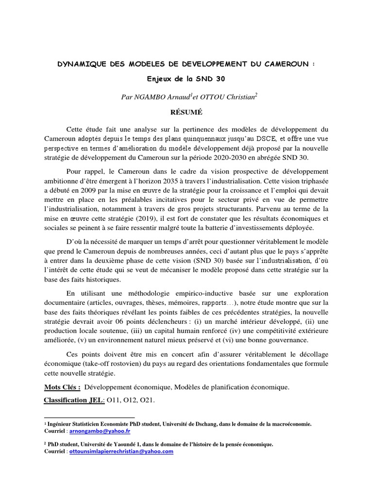MODELES DE DEVELOPPEMENT DU CAMEROUN - Article Final PDF | PDF ...