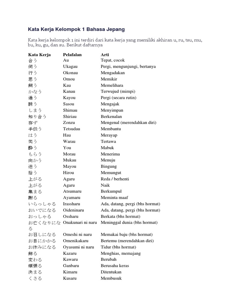 Kata Kerja Kelompok 1 Bahasa Jepang | PDF