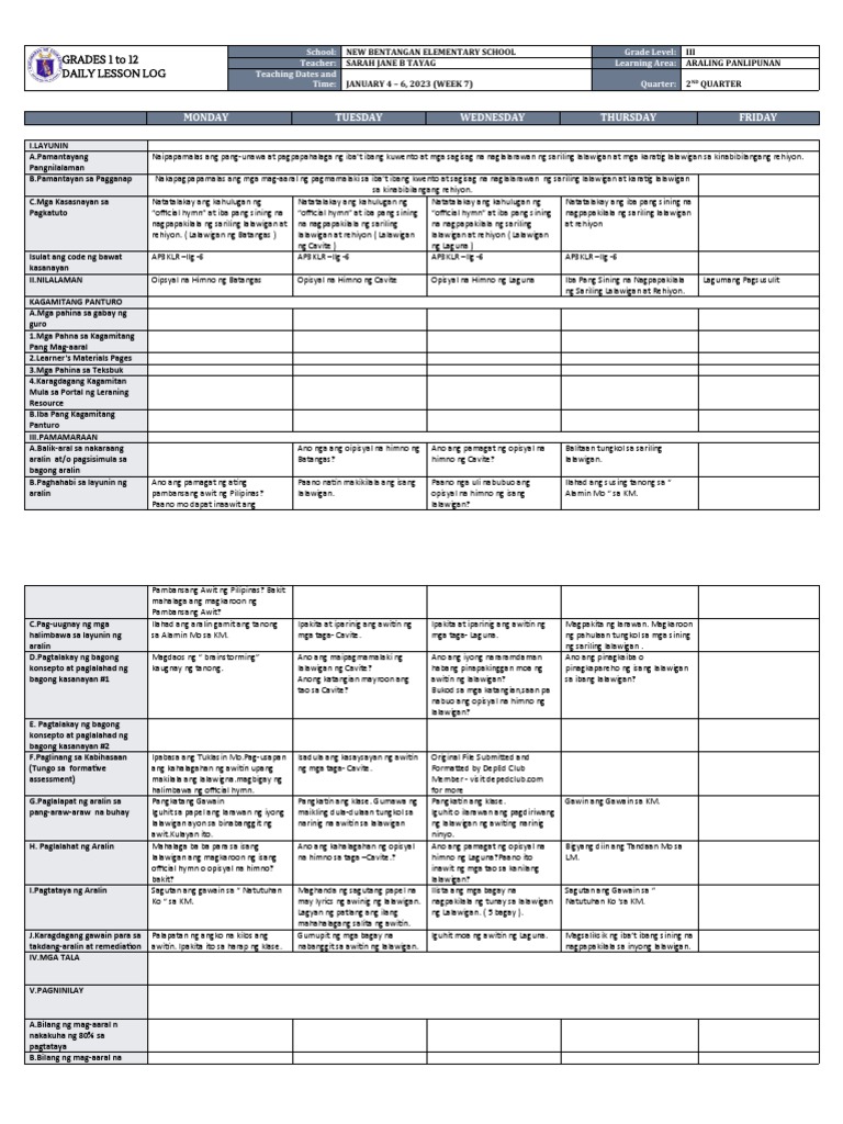 DLL - Araling Panlipunan 3 - Q2 - W7 | PDF