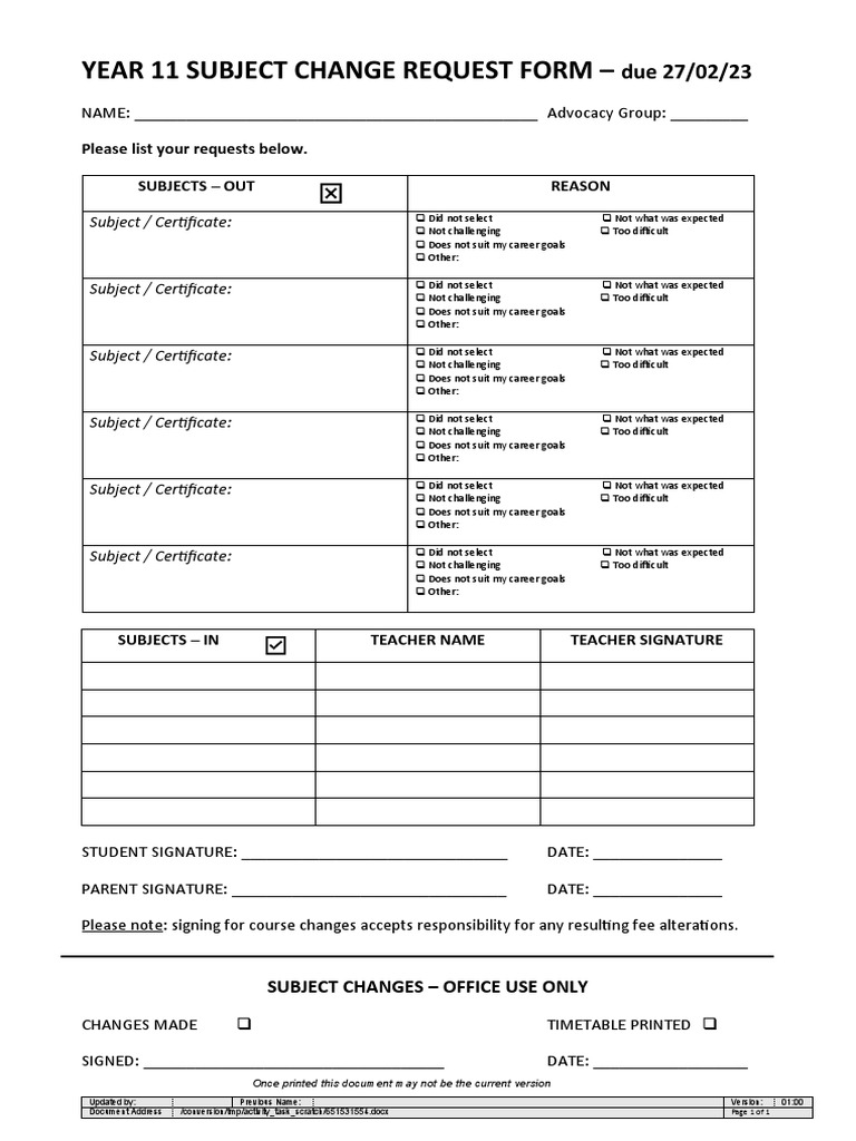 Year 11 Subject Change Request Form | PDF