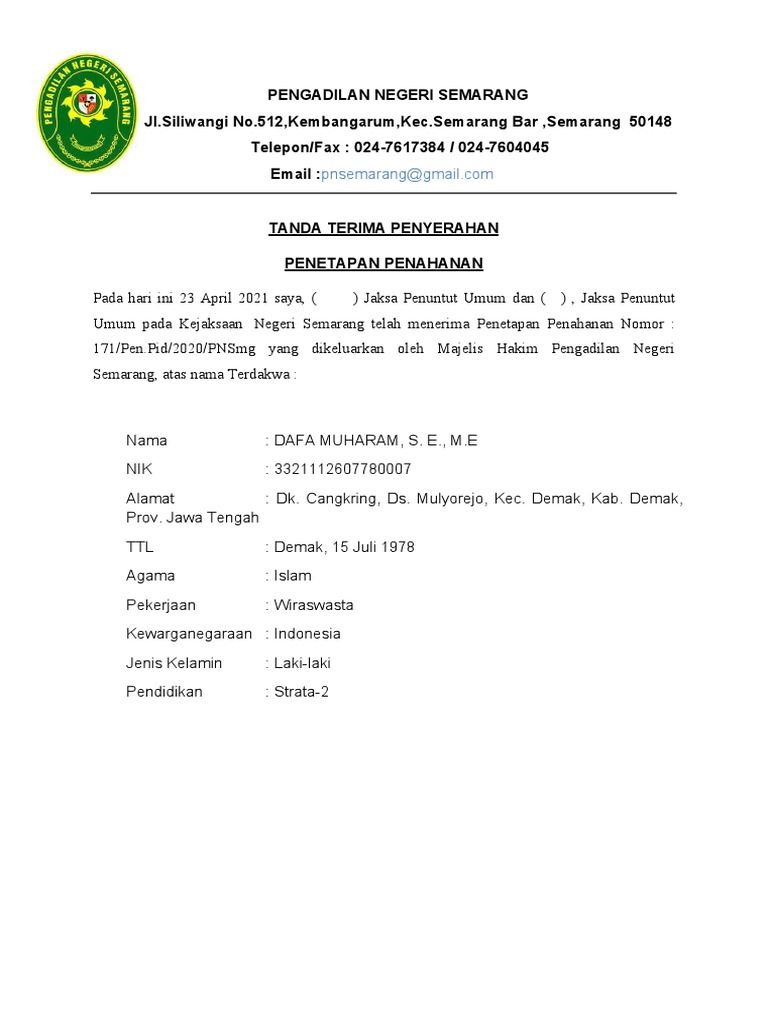 Tanda Terima Penahanan Terdakwa Untuk Pu | PDF