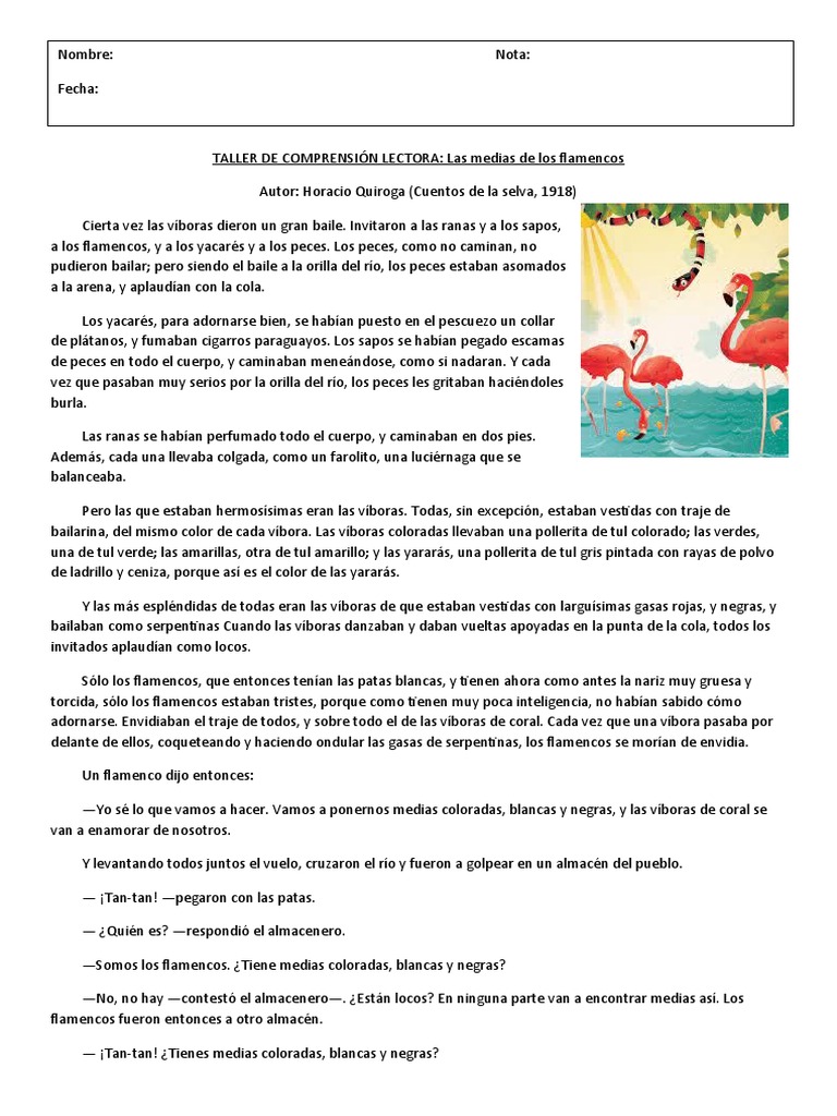 Taller de Comprensión Lectora Las Medias de Los Flamencos. | PDF