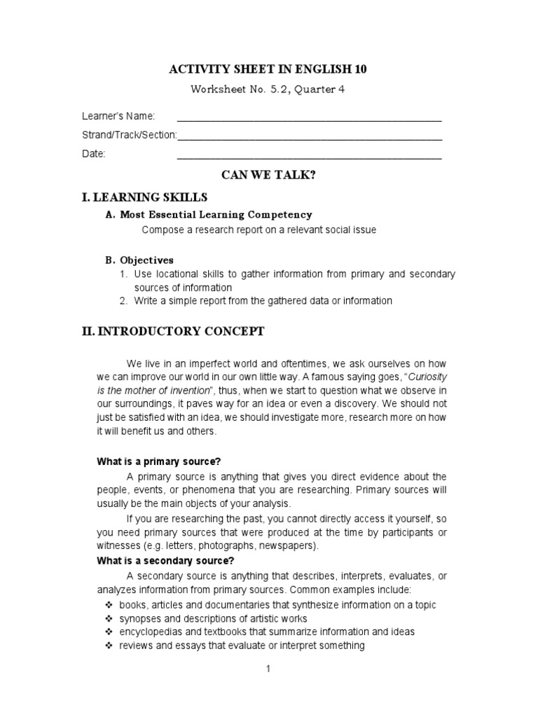 E10 Q4 Melc 5 Las 5.2 | PDF | Interview | Primary Sources