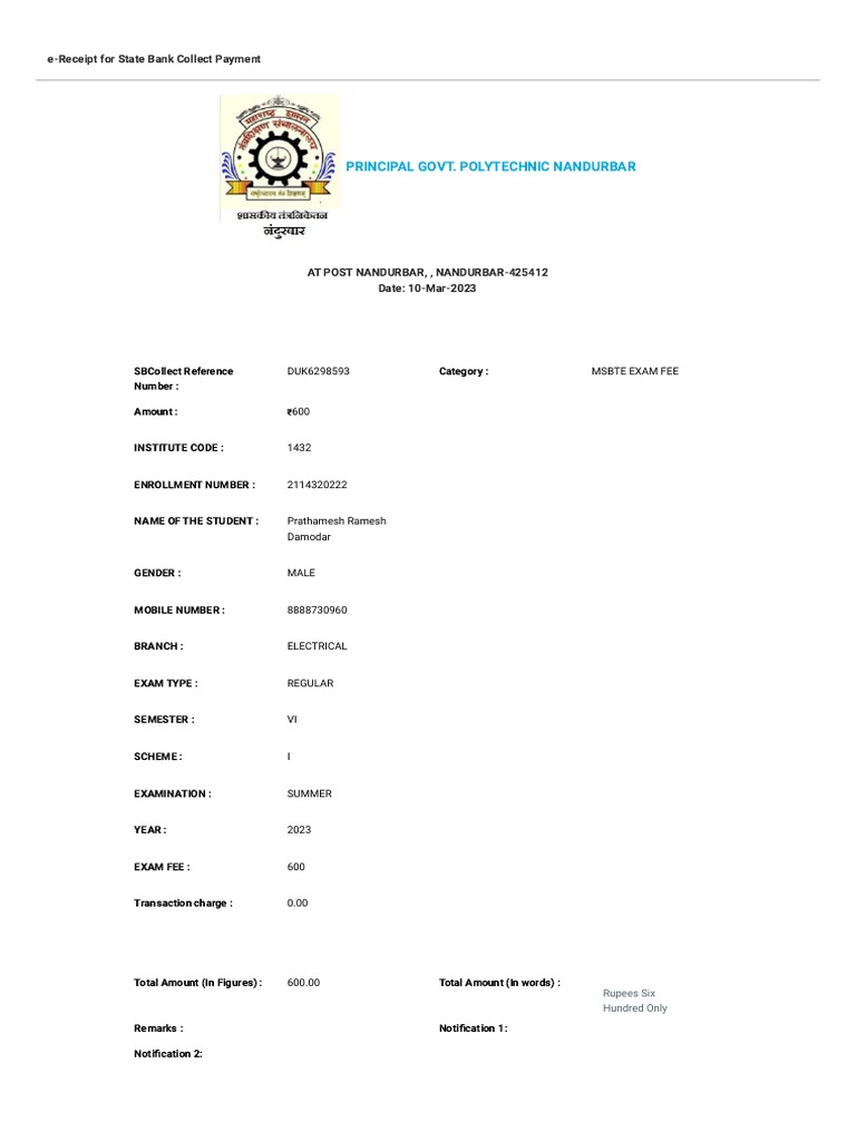 Principal Govt. Polytechnic Nandurbar: E-Receipt For State Bank Collect ...