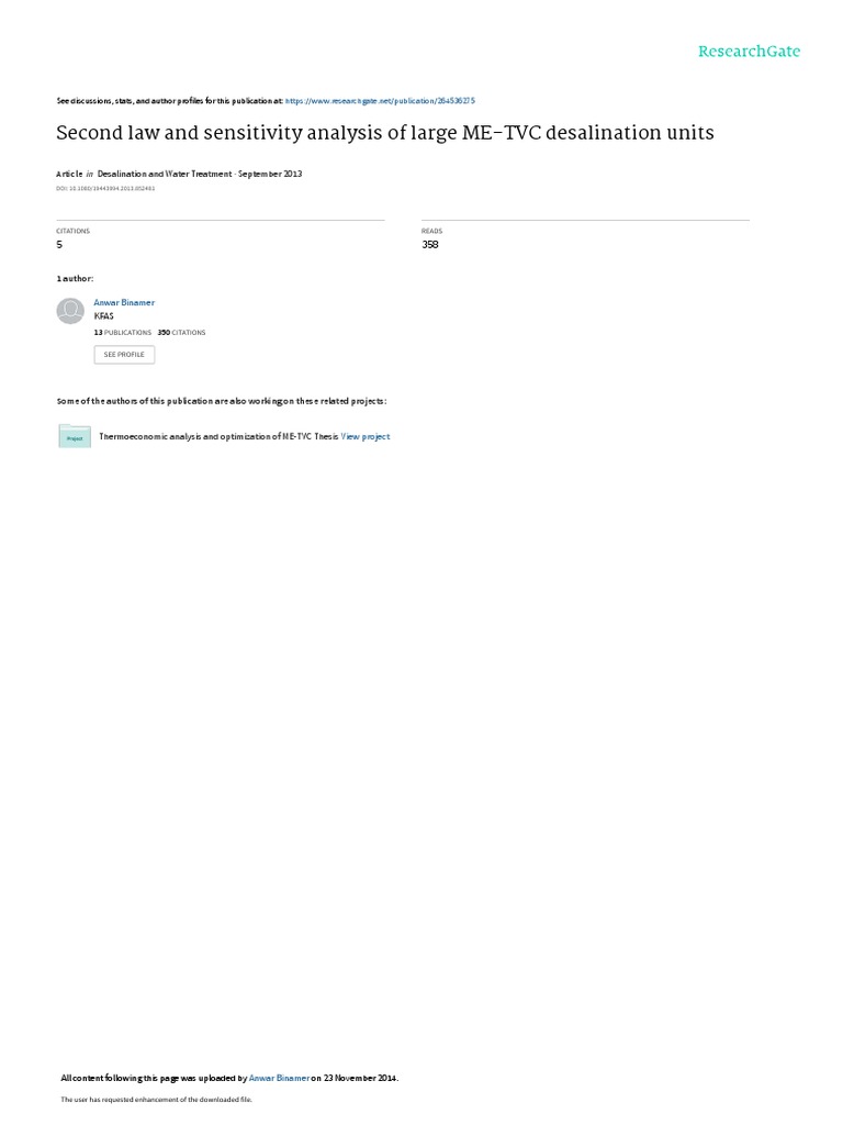 Second law and sensitivity analysis of large ME-TVC desalination units | PDF | Desalination | Exergy