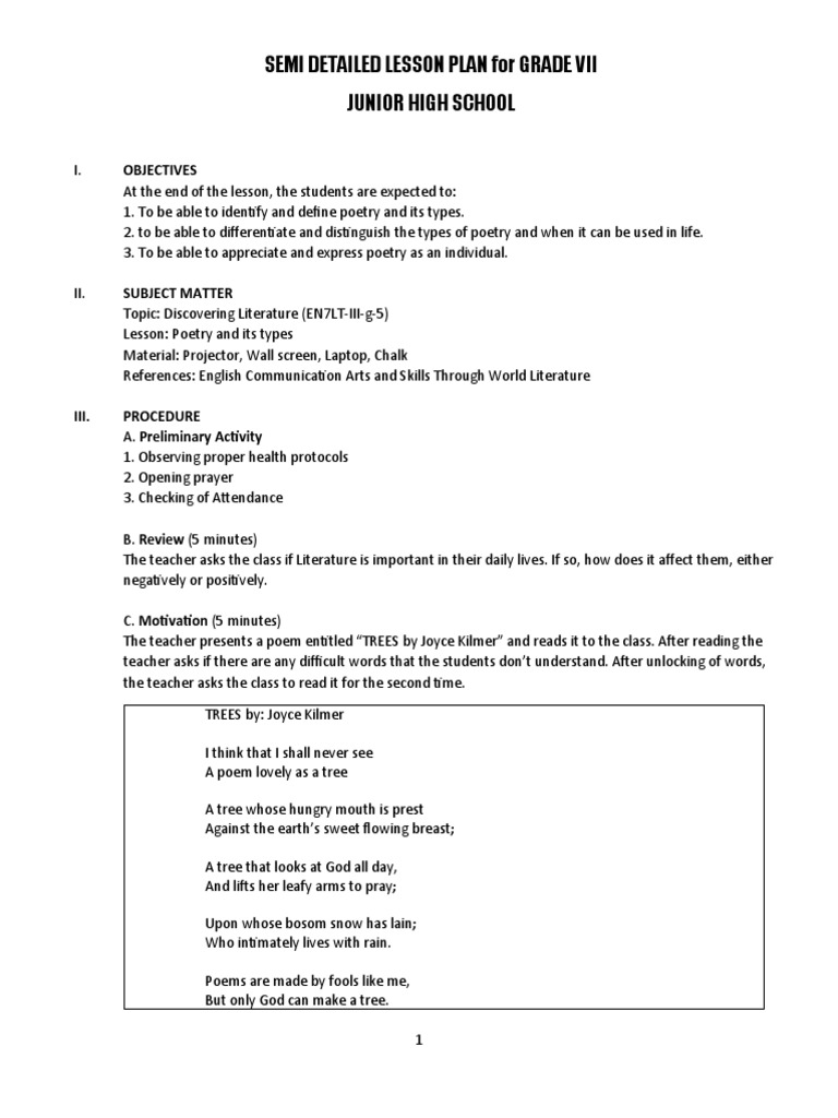 Grade 7 Poetry Lesson Plan | PDF | Poetry