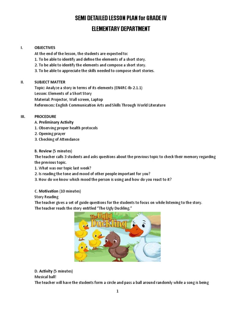 4a's LP For Grade 7 - ELEM (Elements of A Short Story) | PDF | Teachers ...