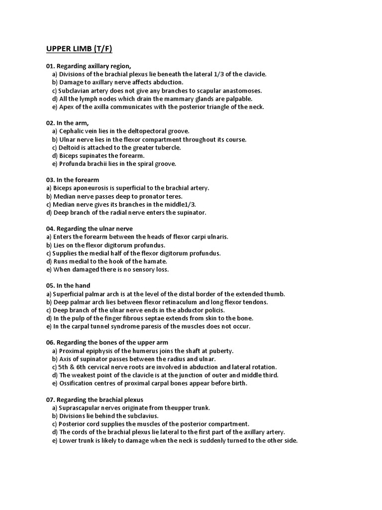 Upper Limb Mcq With Answers Pdf Arm Hand