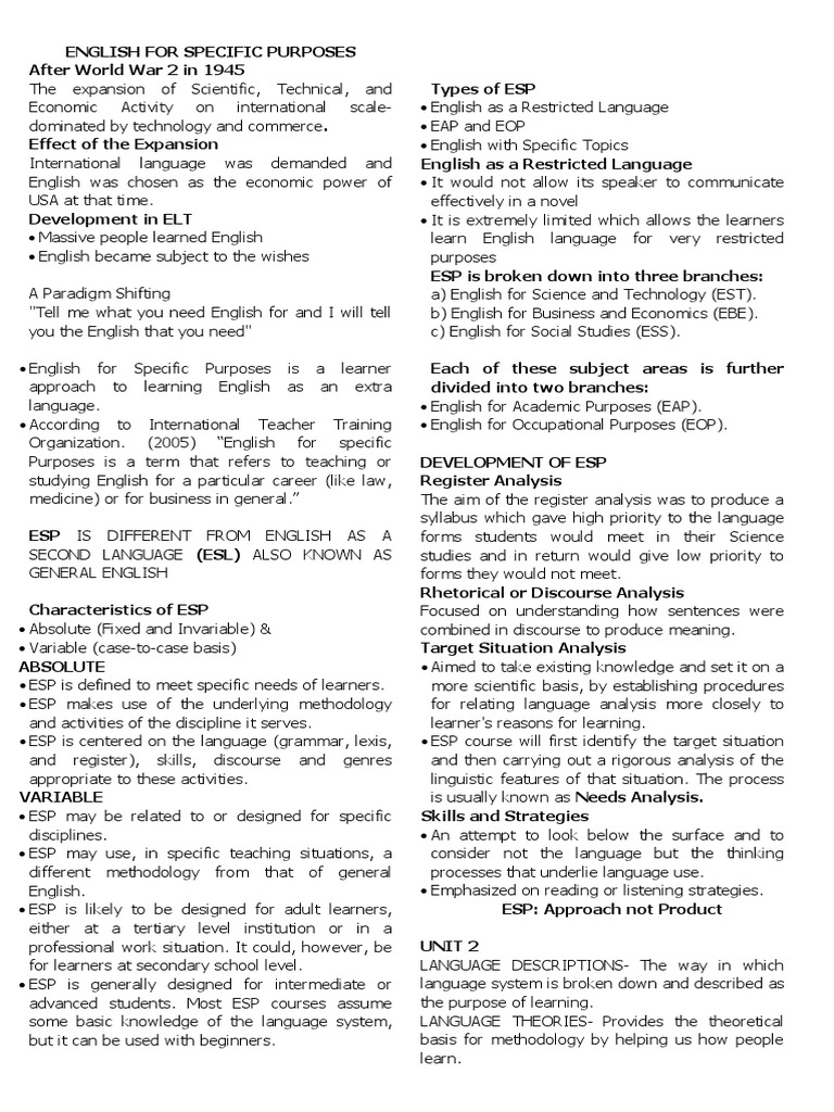 ENGLISH FOR SPECIFIC PURPOSES Handout | PDF | Learning | Language ...