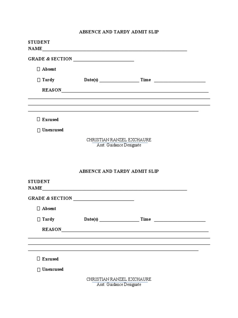 Absence and Tardy Admit Slip | PDF