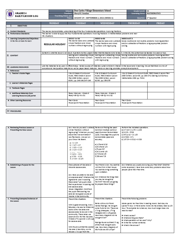 DLL - Mathematics 6 - Q1 - W1 | PDF | Subtraction | Flashcard