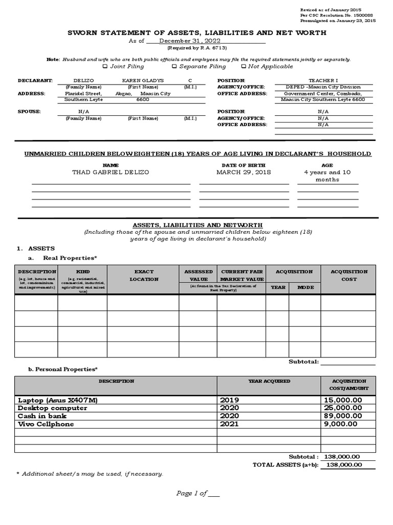 Sworn Statement of Assets 2022 | PDF | Net Worth | Economies