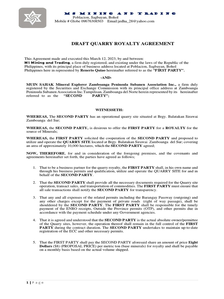 Draft Royalty Contract. Iron Ore Muin Zamboanga | PDF | Payments ...