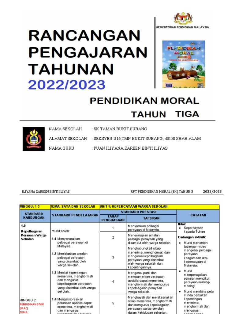 RPT Moral Tahun 3 2022 | PDF