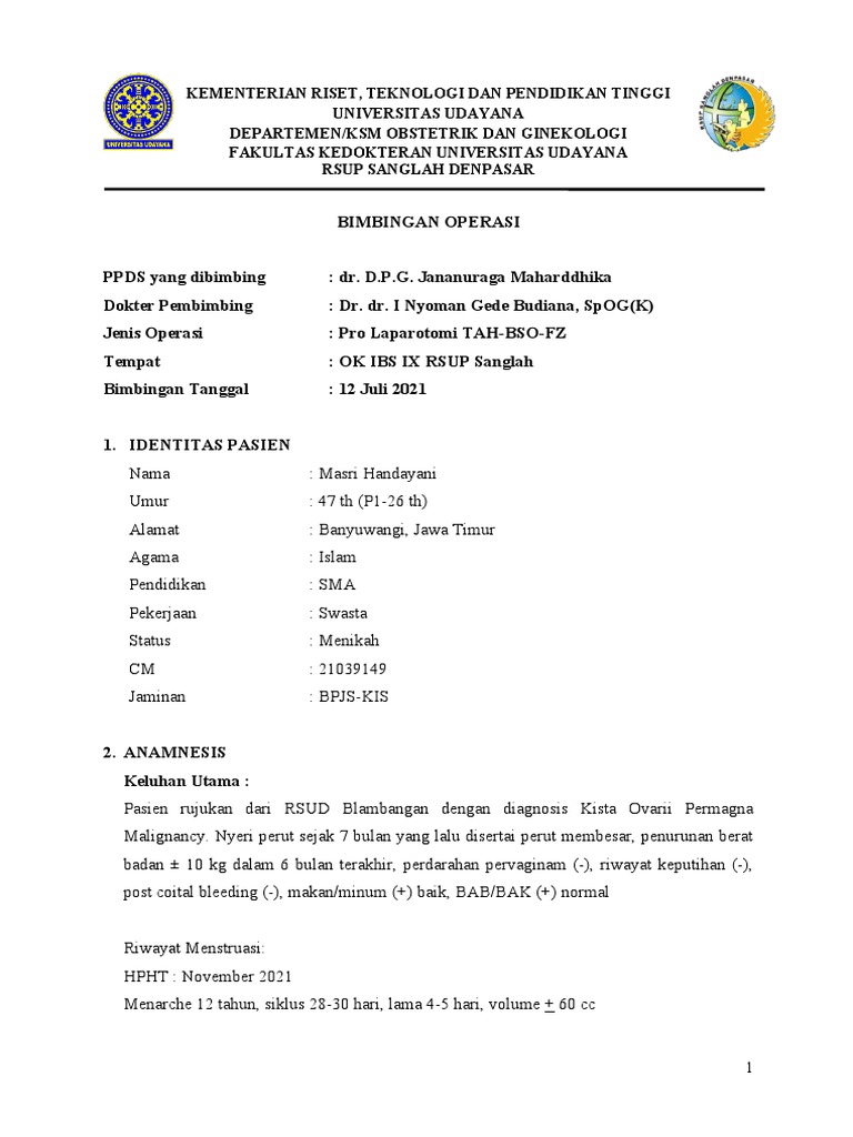 Laporan Operasi Kista Ovarium Ganas | PDF | Sains & Matematika