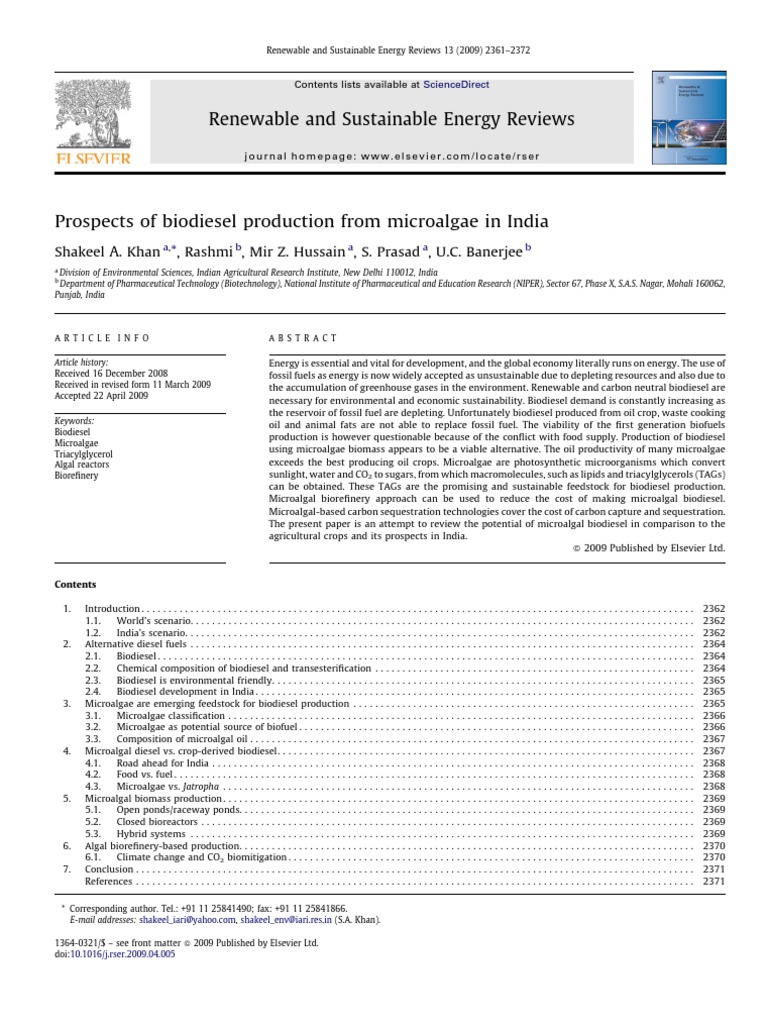 Prospects of Biodiesel Production From Microalgae in India | PDF | Biodiesel | Algae Fuel