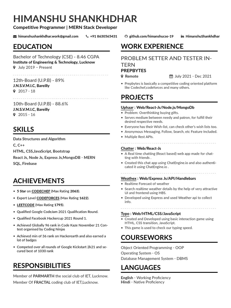 Himanshu Shankhdhar Iet Lucknow 2023 Resume | PDF | Java Script | World Wide Web