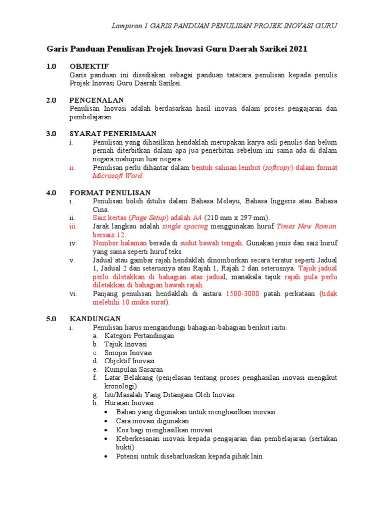 Lampiran 1 Garis Panduan Penulisan Projek Inovasi Guru Daerah Sarikei 2021 | PDF | Seni