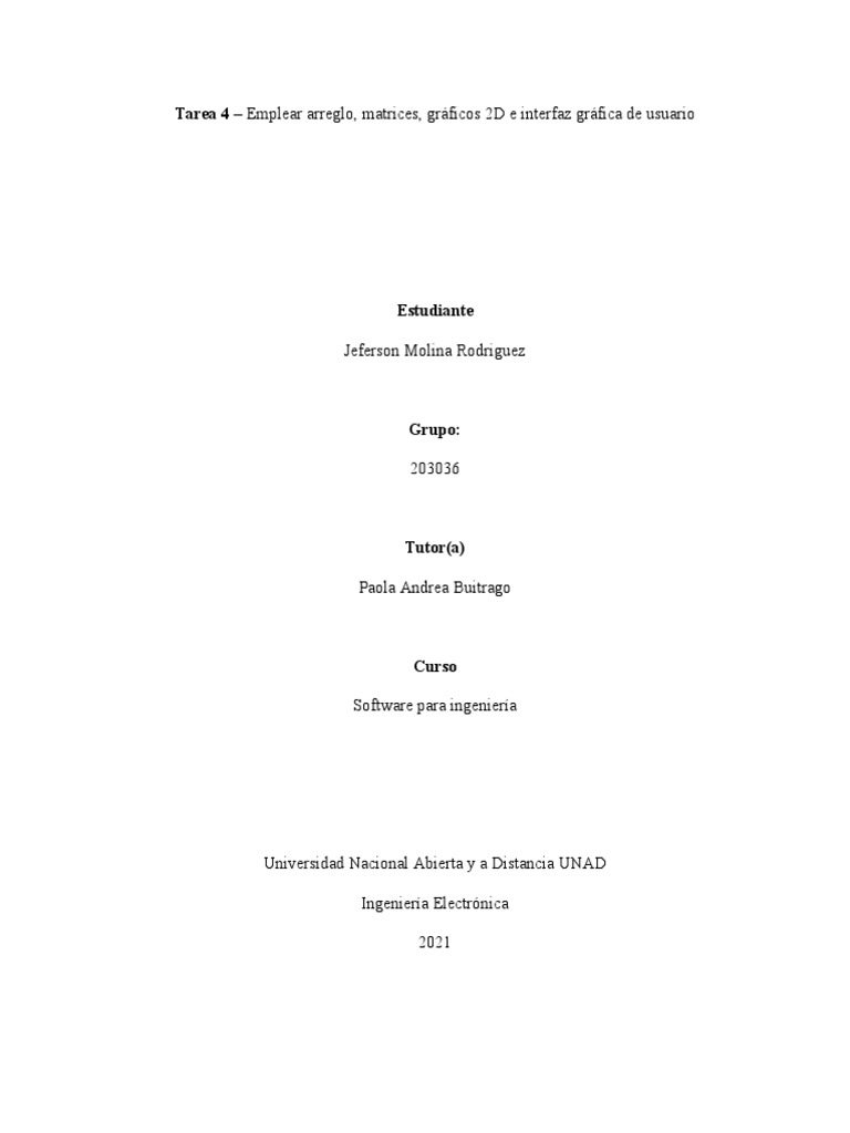 Tarea 4 JefersonMolina | PDF | Matriz (Matemáticas) | Matlab