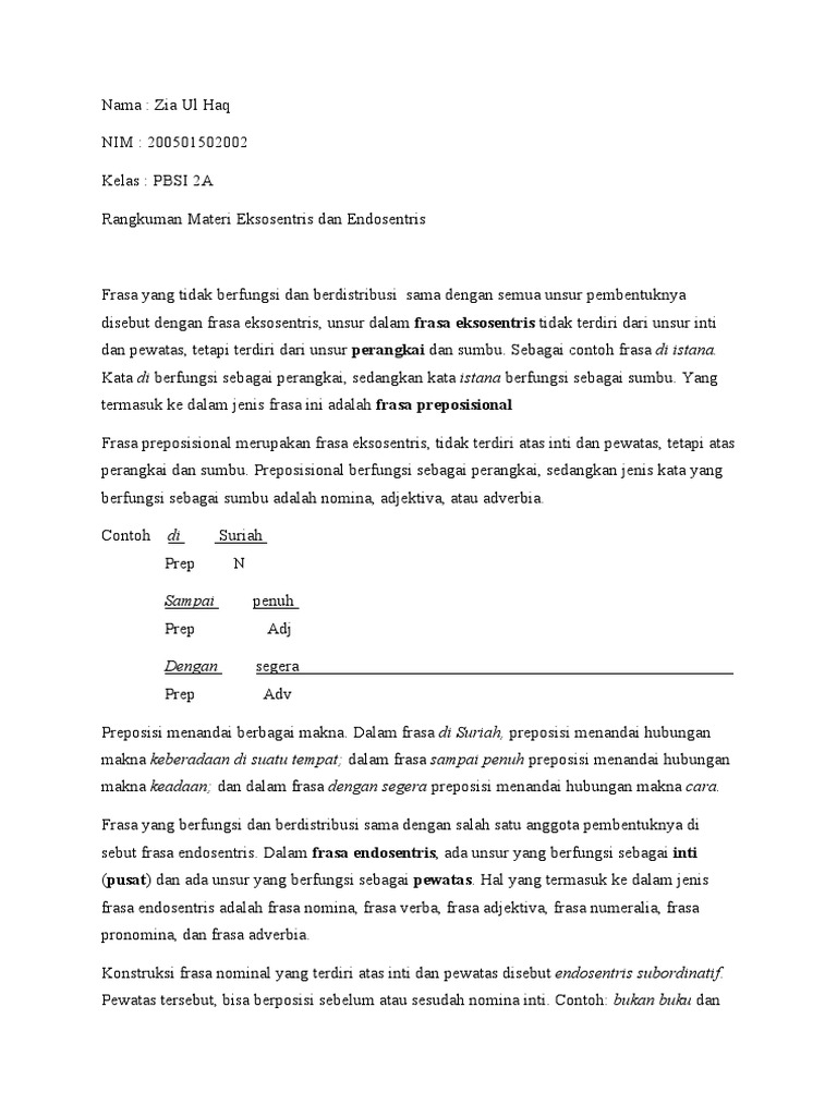 Rangkuman Materi Endosentris Dan Eksosentris | PDF