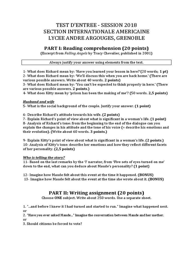 Test D'entree en Section Internationale Americaine 2018 | PDF ...