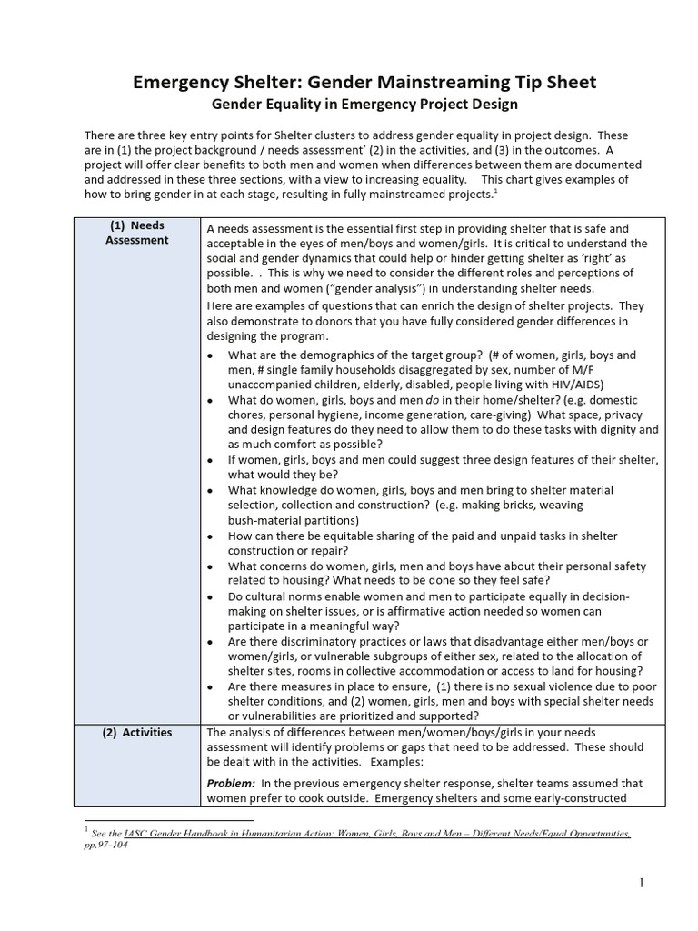 Emergency Shelter - Gender Mainstreaming Tip Sheet PDF | PDF | Violence | Domestic Violence