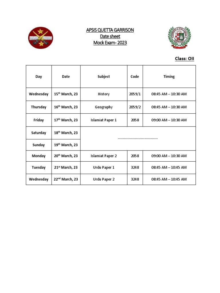 Mock Exam Schedule for Class OII at APSIS QUETTA GARRISON from March 15-22, 2023 including exam ...